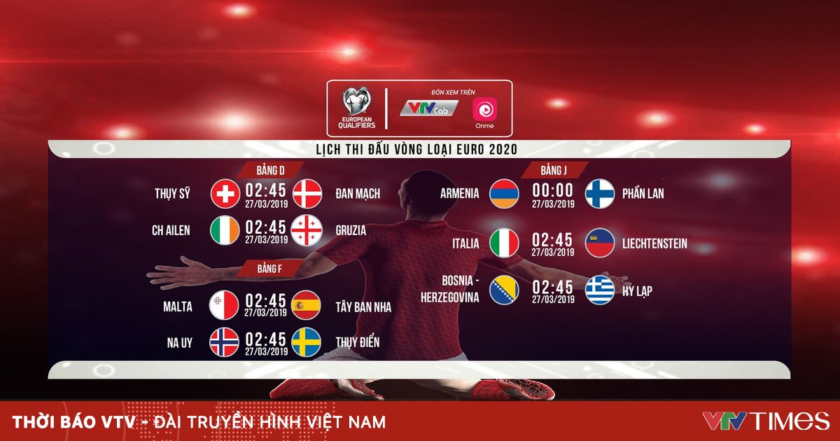 Vòng loại Euro 2020 ngày 27/3: Độc quyền trên VTVcab và Onme